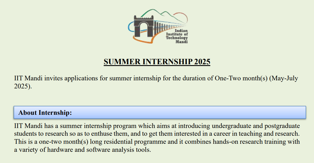 IIT Mandi Summer Internship 2025 – Apply Now! - berojgarmitra.com