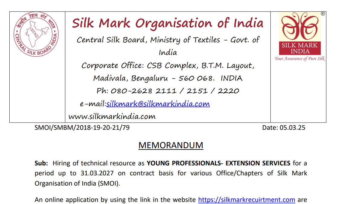 Silk Mark Organisation of India (SMOI) Young Professionals Recruitment ...
