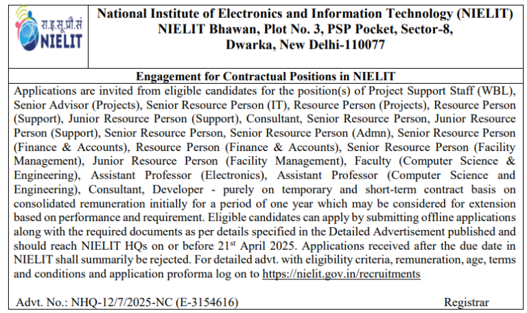 NIELIT Recruitment 2025 | Apply for Multiple Contractual Positions ...
