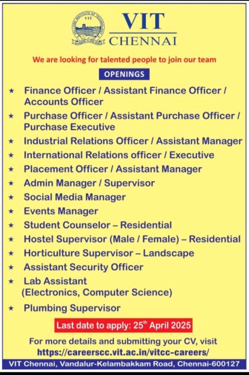 VIT Chennai Recruitment 2025 | Multiple Non-Teaching Vacancies | Apply ...