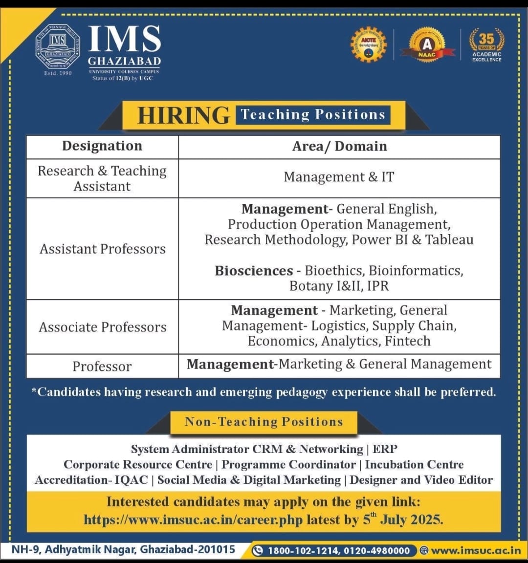 IMS Ghaziabad Recruitment 2025 – Faculty & Non-Teaching Positions ...
